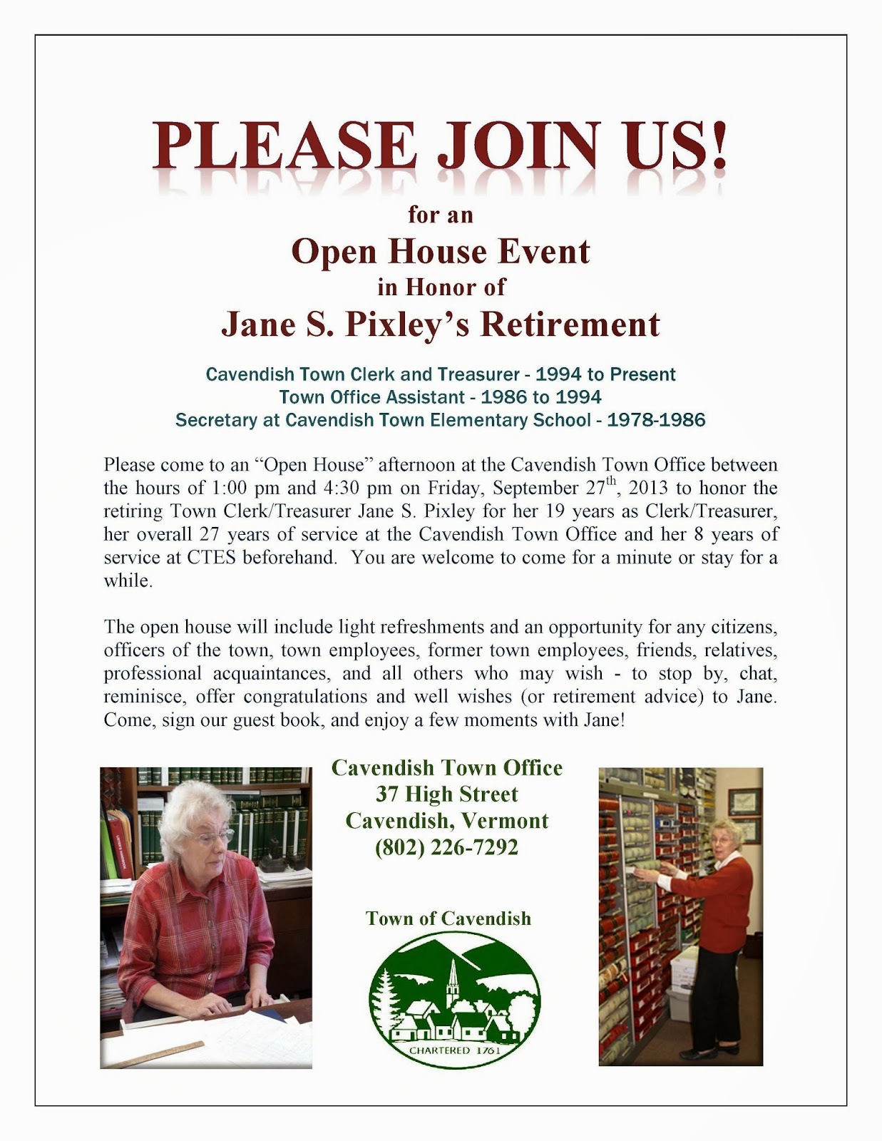 Cavendish VT Blog: Jane Pixley Retirement Party on 9/27/13
