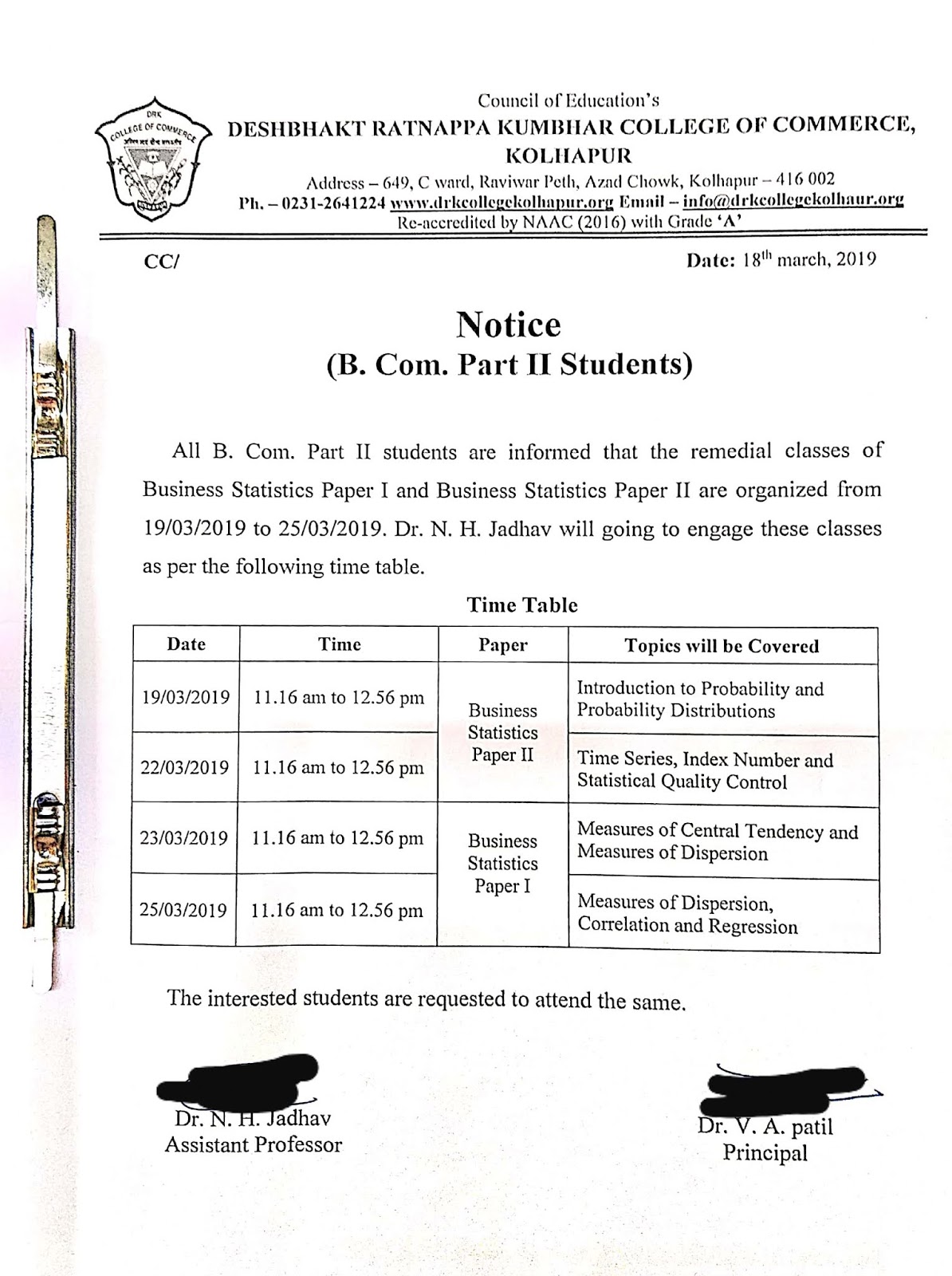 Department of Statistics, D.R.K. College of Commerce, Kolhapur ...