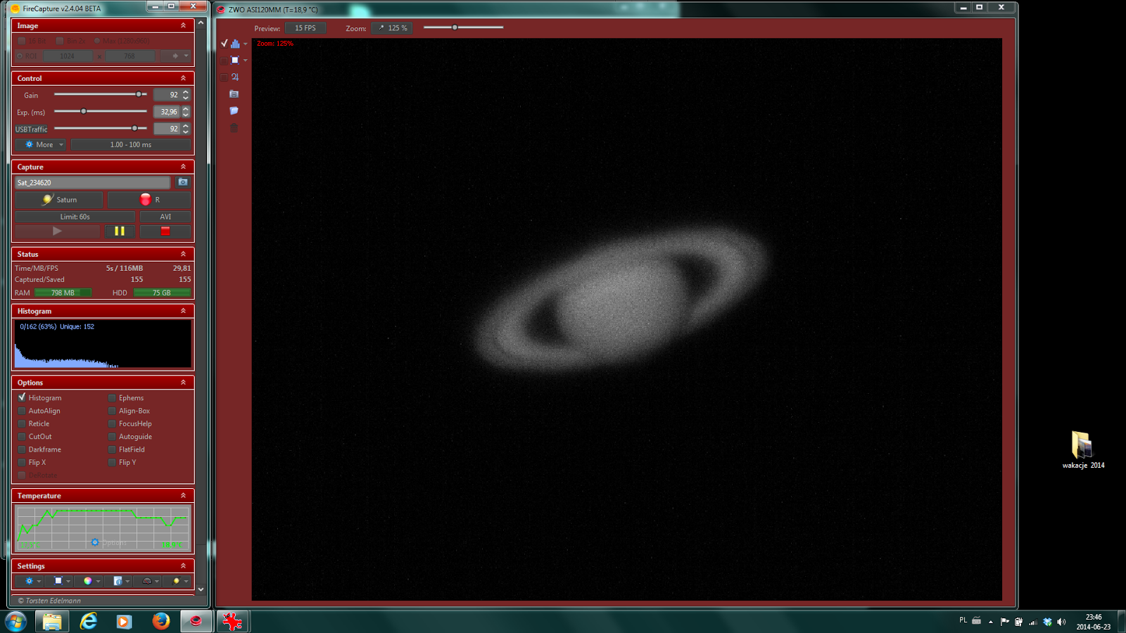 Przestrzeń Planetarna : Pierwsze testy FireCapture w wer. 2.4 Beta