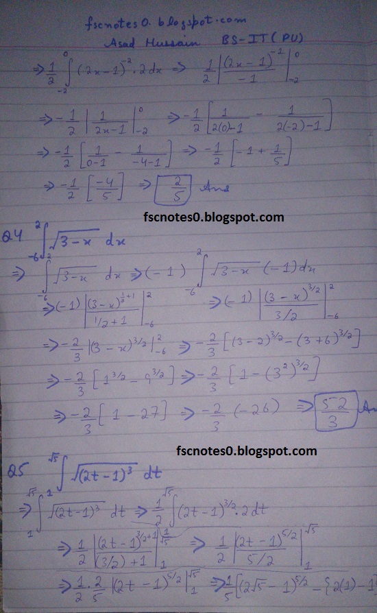 FSc ICS Notes Math Part 2 Chapter 3 Integration Exercise 3.6 question 1 - 9