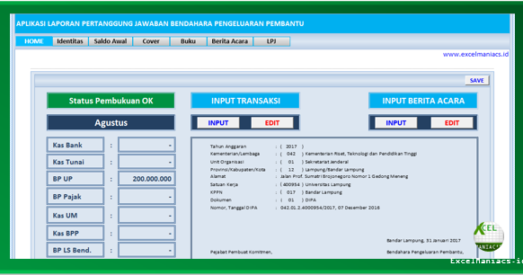 Aplikasi Buku Kas Umum (BKU) versi 2 - ExcelManiacs
