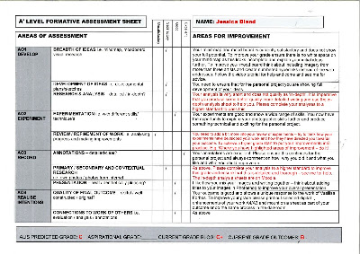 A2 Photography - Jess Bland: Formative assessment sheet.