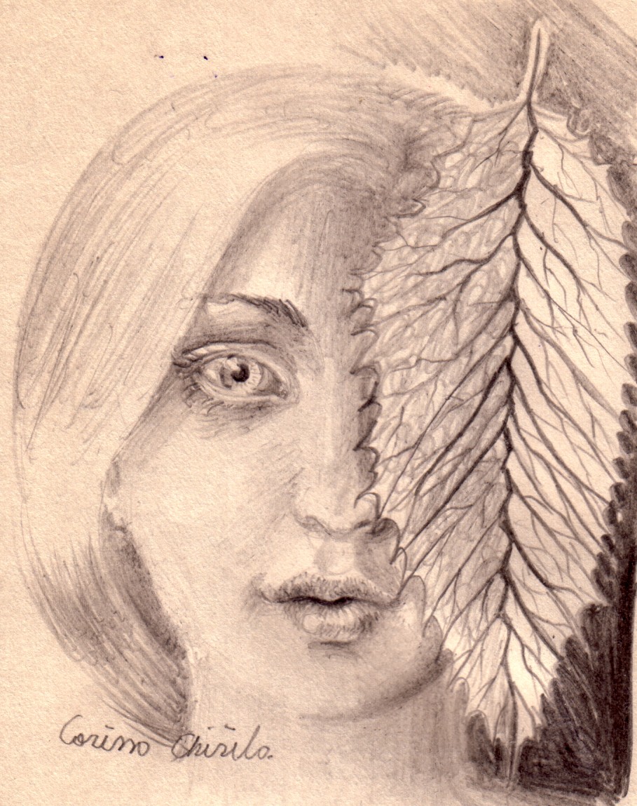 Grafica si pictura de Corina Chirila: Portret de fata cu frunza