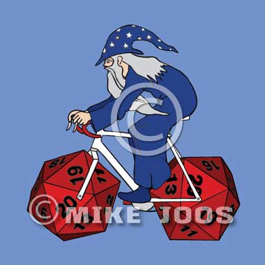 mike joos art: Wizard Riding Bike With 20 Sided Die Wheels