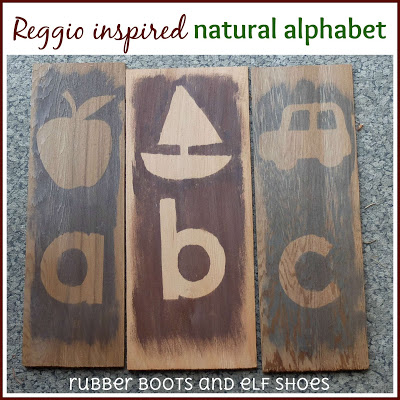 reggio inspired natural alphabet - rubber boots and elf shoes
