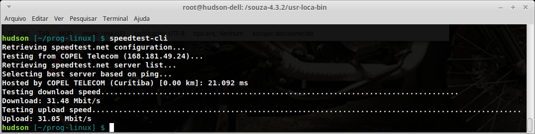 Prof. Hudson Souza: Velocidade da internet via Terminal com Speedtest-cli