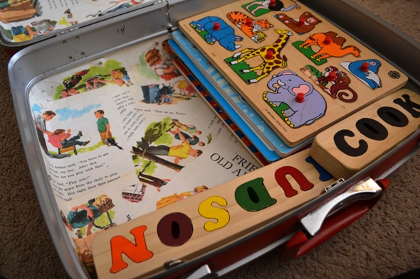 so the cook said: Vintage Suitcase Puzzle Storage