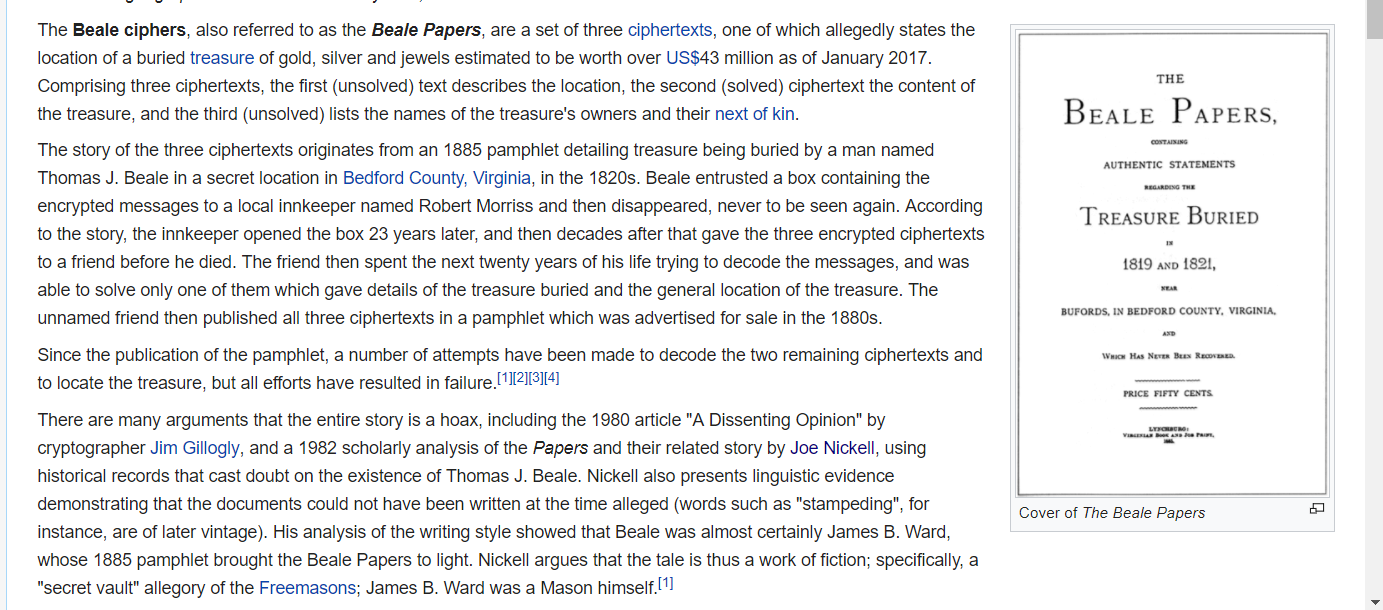 The Mindless Freaks: The Beale Ciphers of Thomas J. Beale