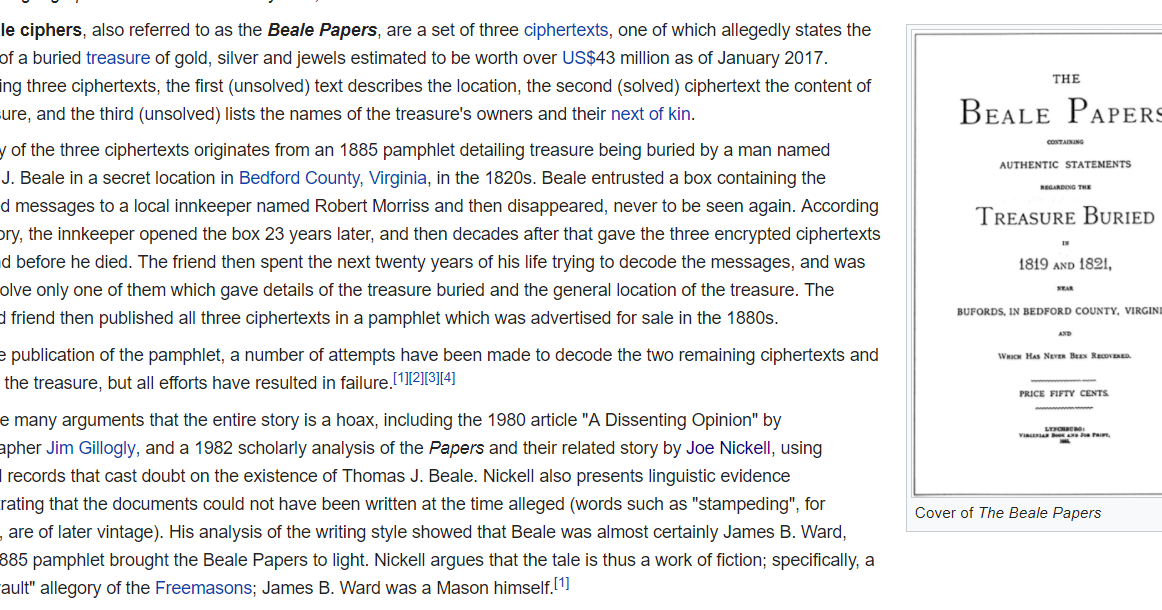 The Mindless Freaks: The Beale Ciphers of Thomas J. Beale