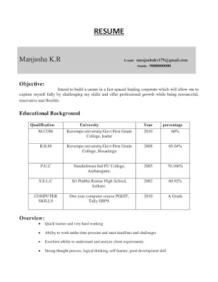 M.COM Resume/CV Samples for Freshers