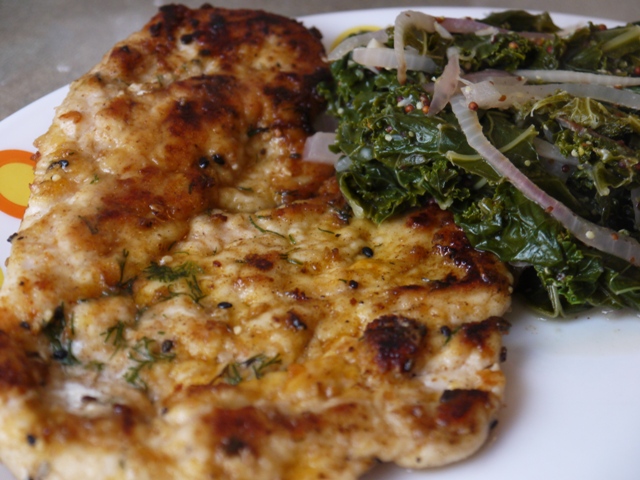 Clockwatching Tart: Turkey Scallopini with Kale in Mustard Lemon Sauce