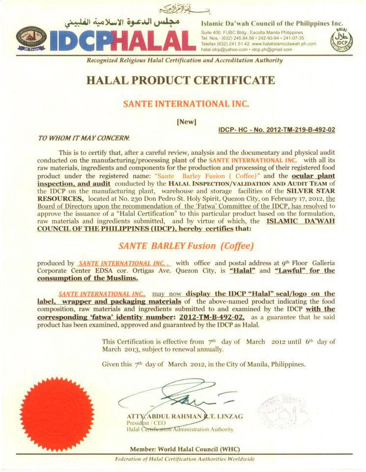 Jhuzt Lorque Santé International Ubuntu Network: FDA and HALAL Certificates