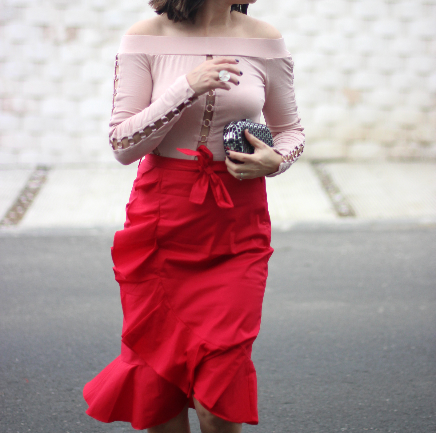 Outfits Ideas For Valentine's Day: Red Ruffled Skirt + Soft Pink Body ...