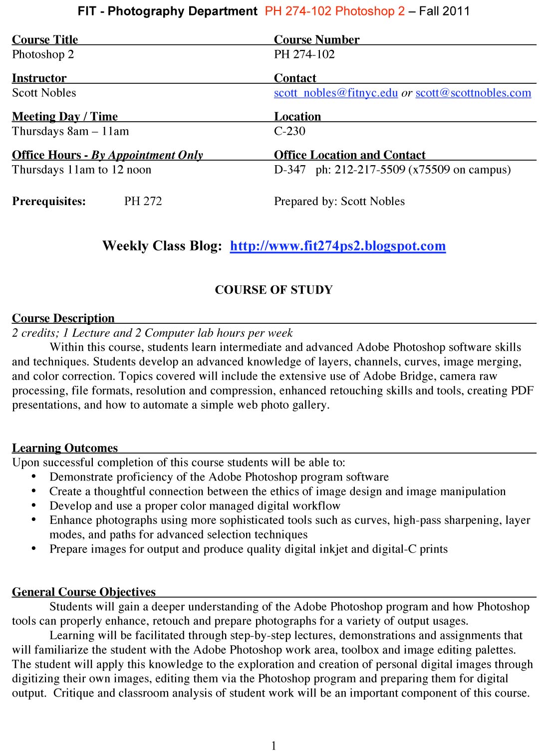 FIT 274 Photoshop 2: SYLLABUS: FIT 274-102 PS 2