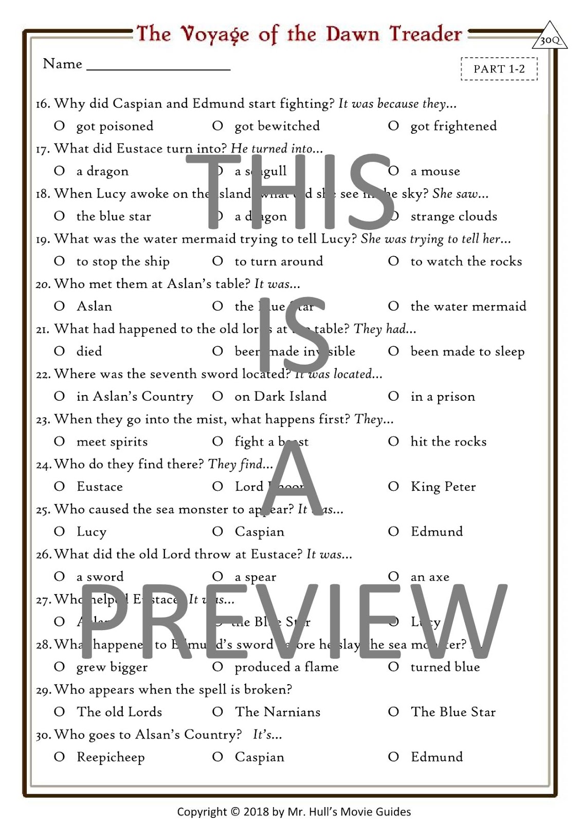 The Voyage of the Dawn Treader Movie Guide + Activities - Answer Key ...