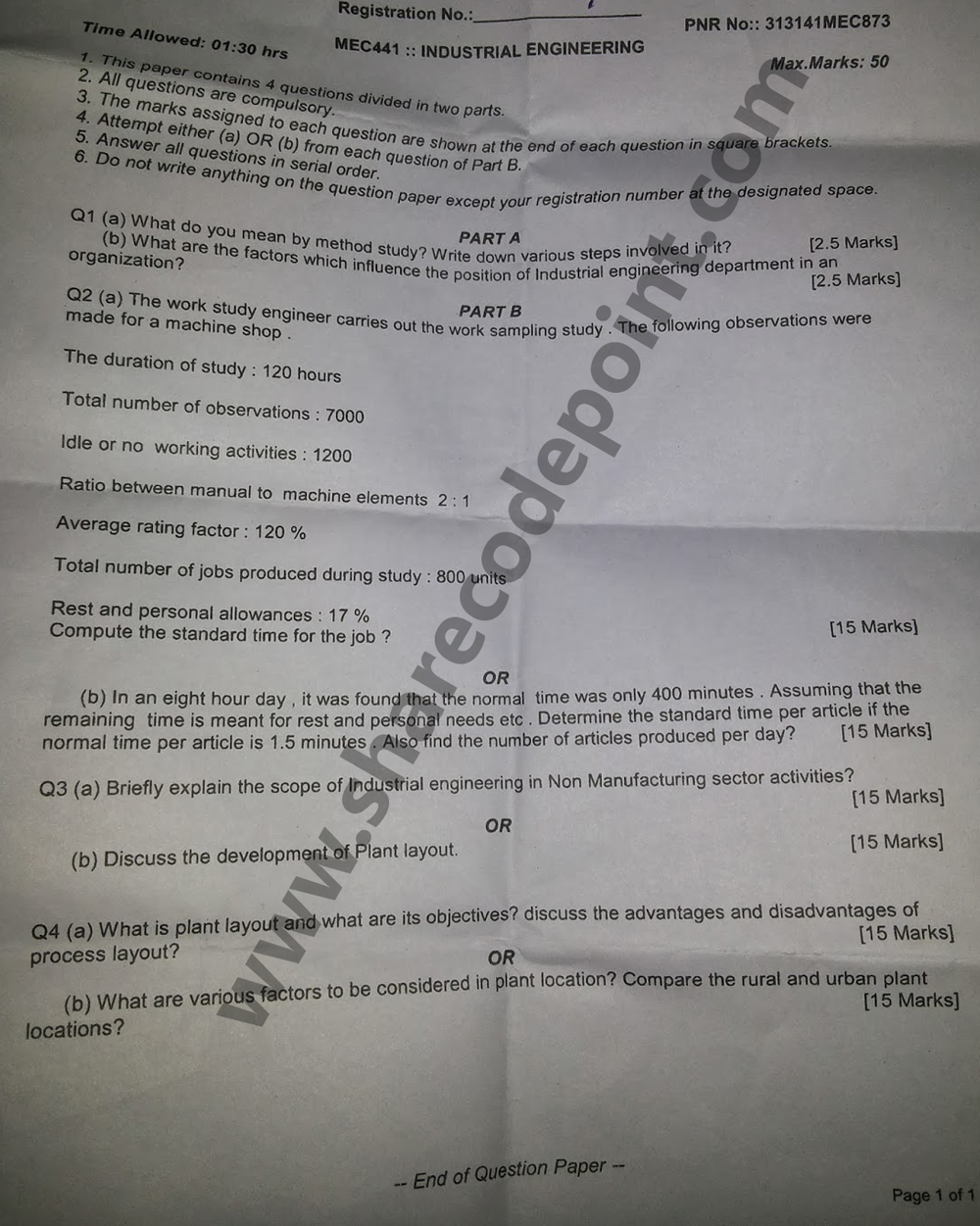 MEC441 : Industrial Engineering Mid Term Exam Question Paper - MEC 441 ...