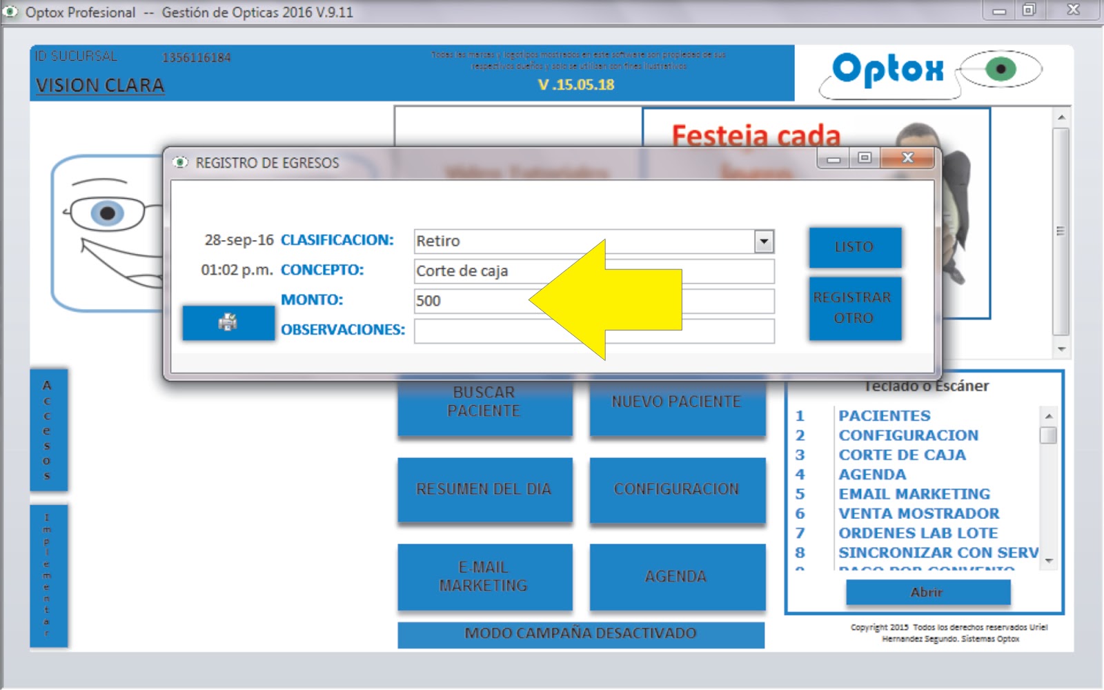 Base de conocimientos de Optox: Como registrar un corte de caja en Optox