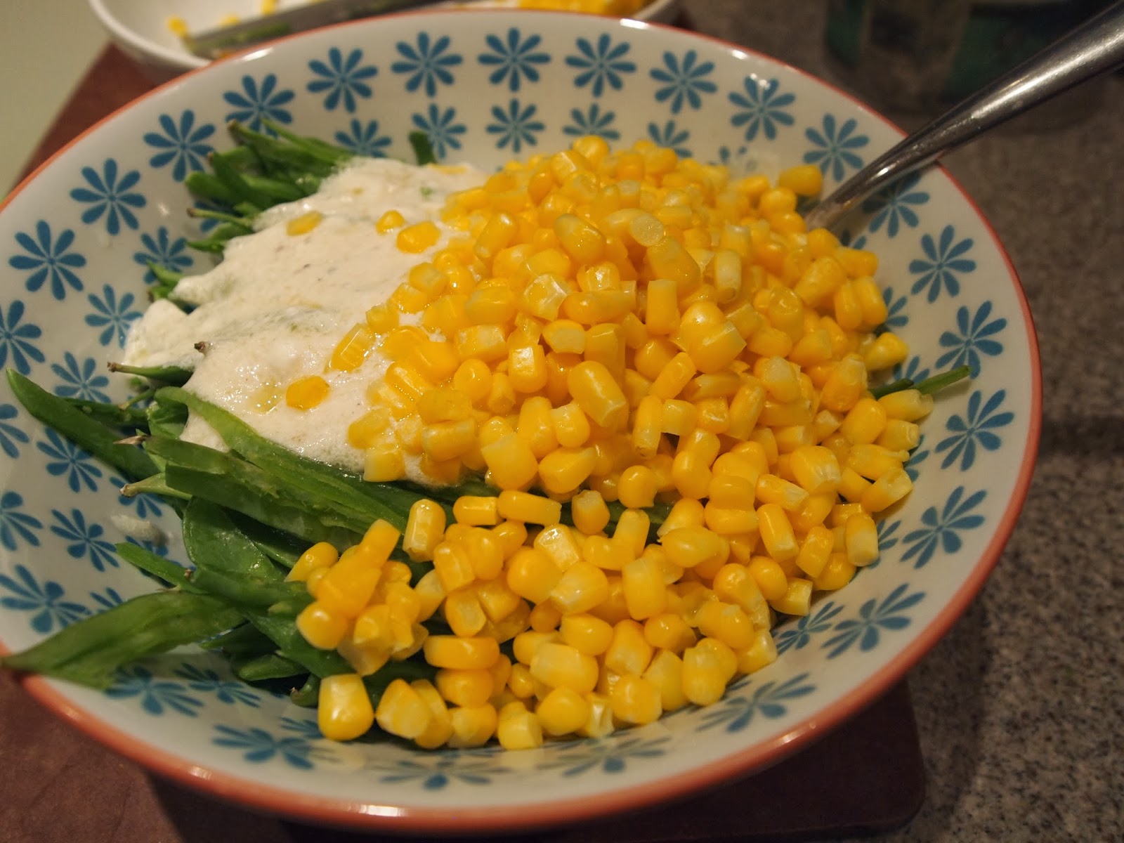 bright food: snow pea "spaghetti", corn and creamy lemon dressing