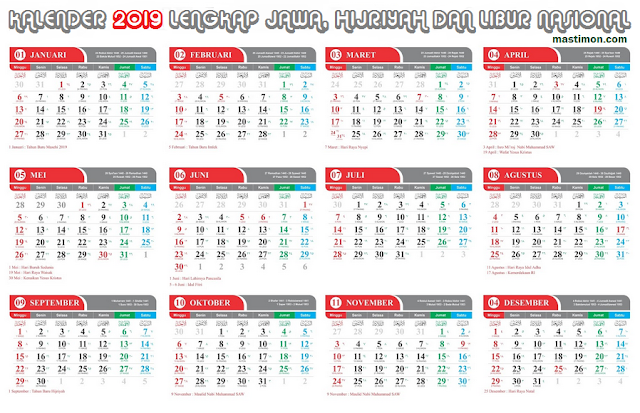 Kalender 2019 PDF Gratis, Editabel dan lengkap Hijriyah Jawa - mastimon.com