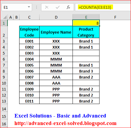 Count Not Blank Cells - COUNTA Function | Excel Solutions - Basic and ...