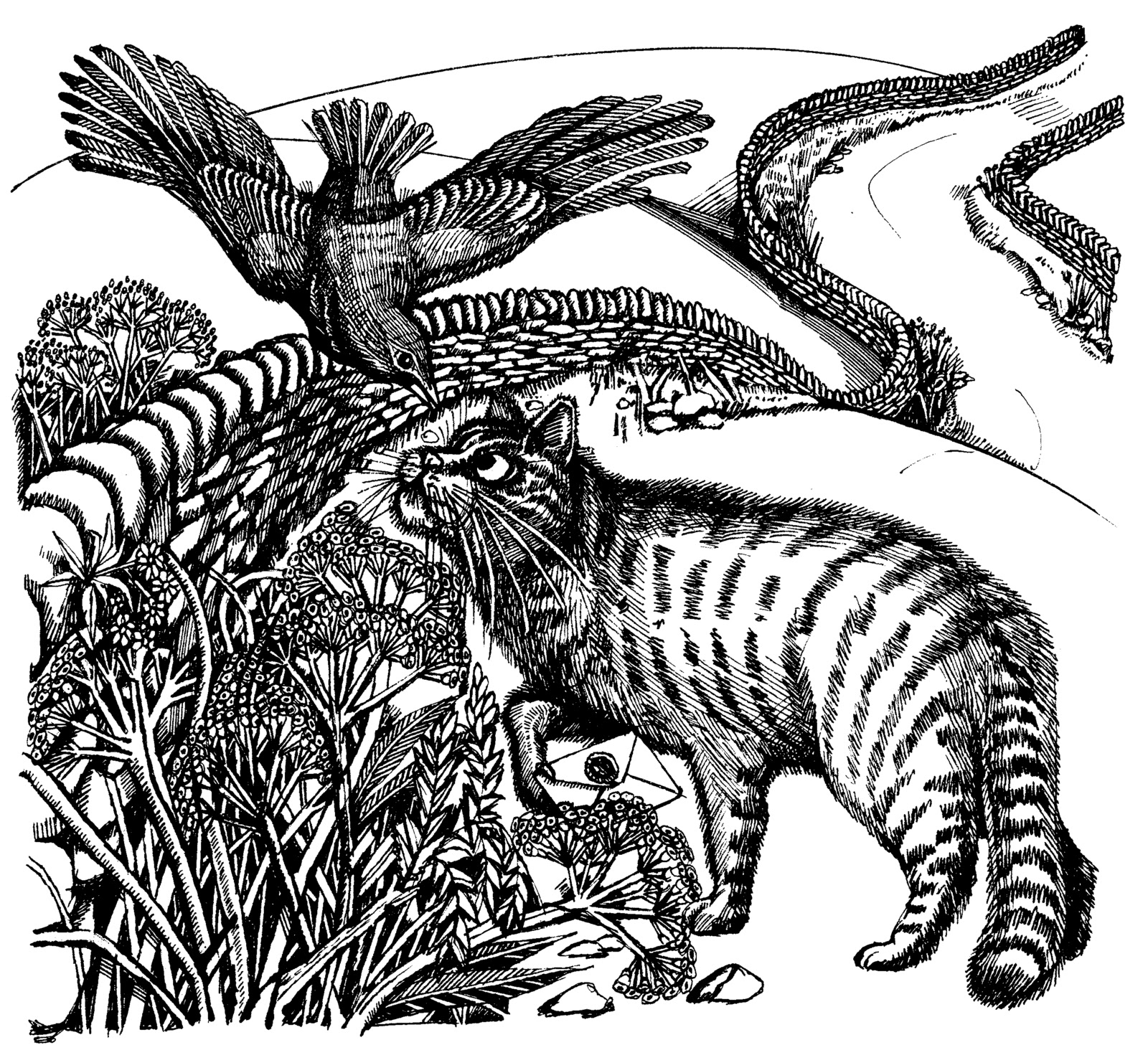 John Vernon Lord: A bird talks to Tibert the cat