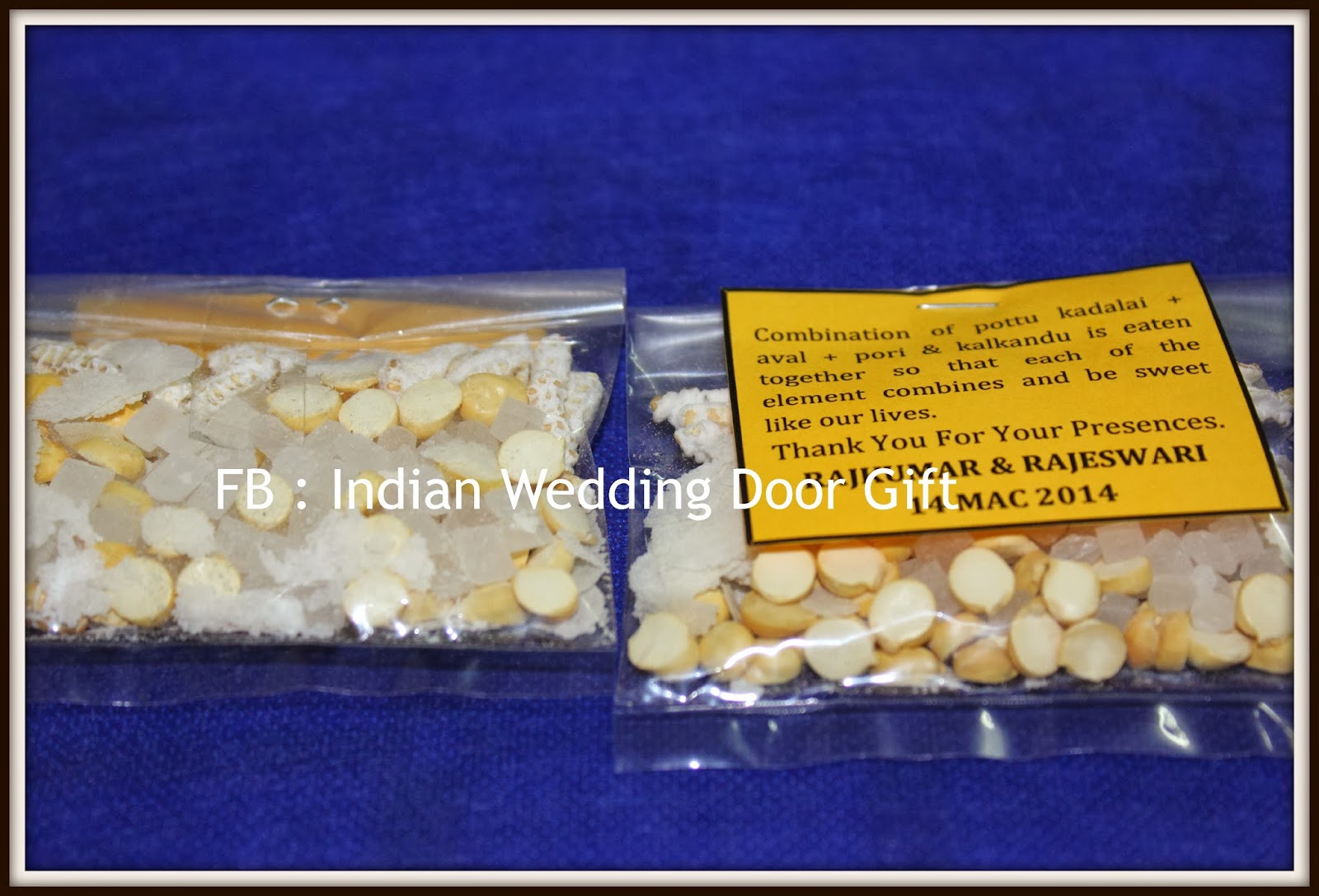 Indian Wedding Door Gift: Kalkandu, Aval, Pory and Pottu Kadalai Packet