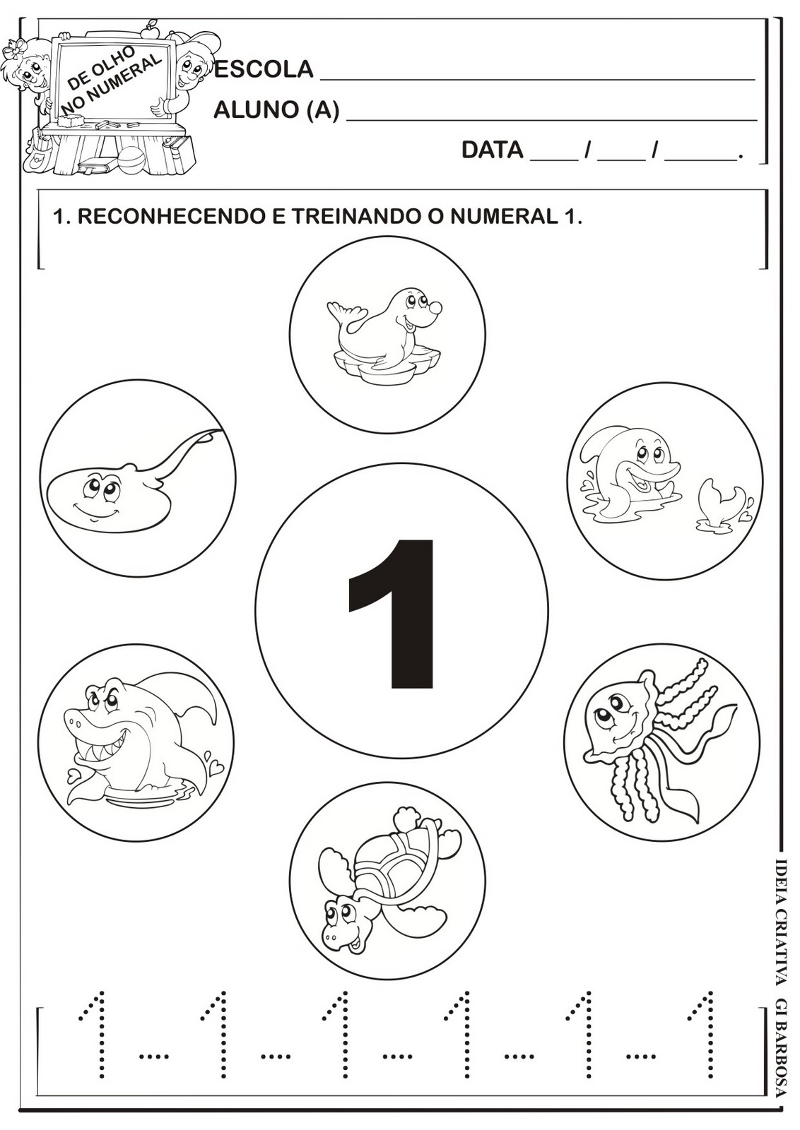 Matemática Infantil: Atividade Numeral 1 - Animais Marinhos