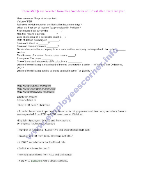 PPSC & FPSC Past Papers Inspector Inland Revenue, Inspector Custom ...