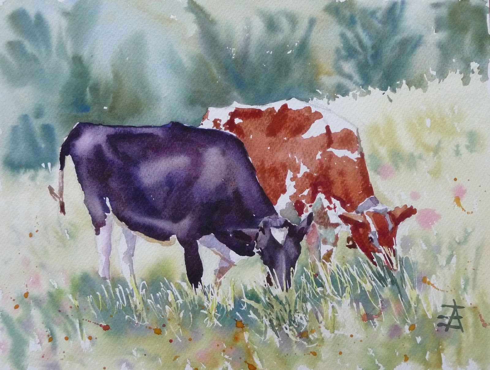 Elisabeth Atkinson Art: Two Cows, Watercolour