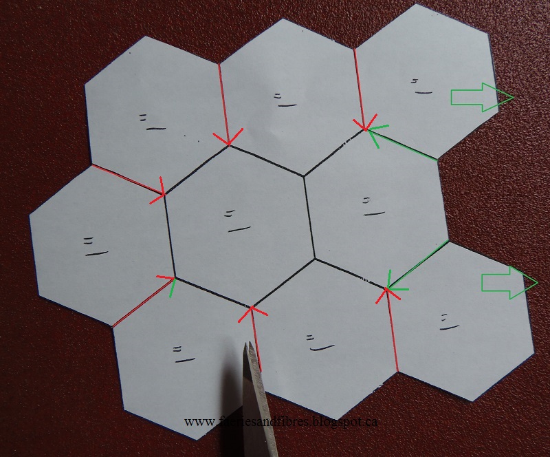 Faeries and Fibres: Cutting out paper hexagons and removing paper hexagons