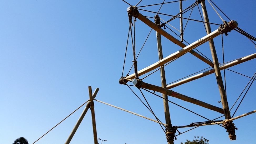 Ropes and Poles: Suspended Tensegrity Cube by 1st Halfway House Scouts