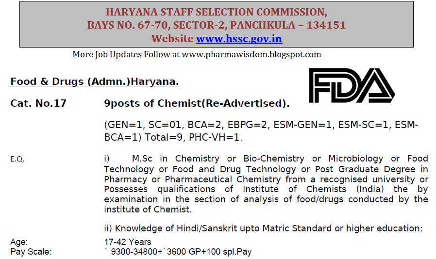 Job Openings for M.Pharm, M.Sc Candidates as Chemist (9 posts) in FOOD ...