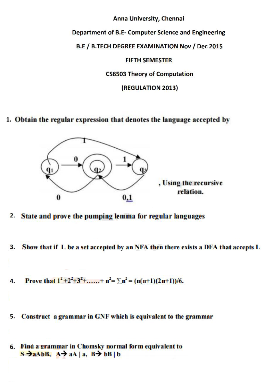 Cs6503 Theory Of Computation Be Cse Auc Nov Dec 2015 Important Questions University Question