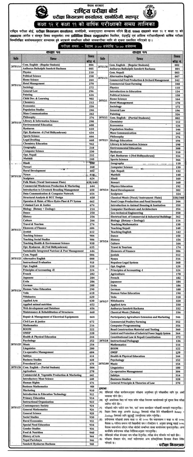 NEB Exam Routine 2075 for Grade 12 and 11 | Neb Hseb Notes