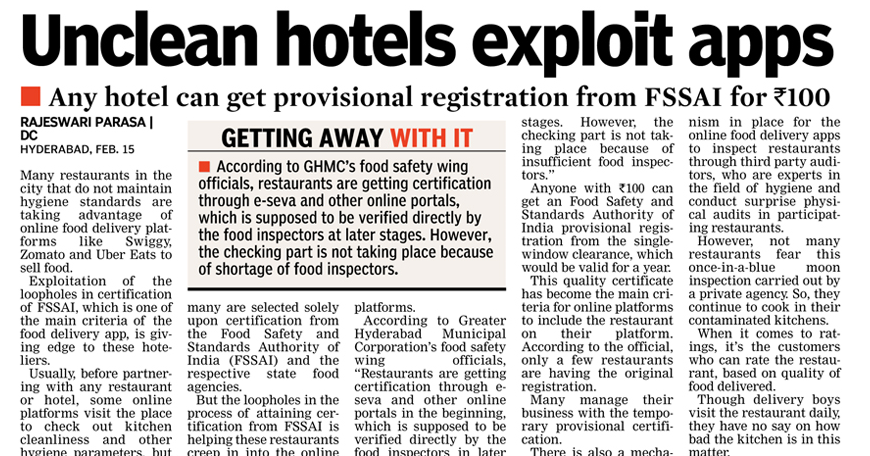 FOOD SAFETY LATEST: Hyderabad: Unclean hotels exploit apps