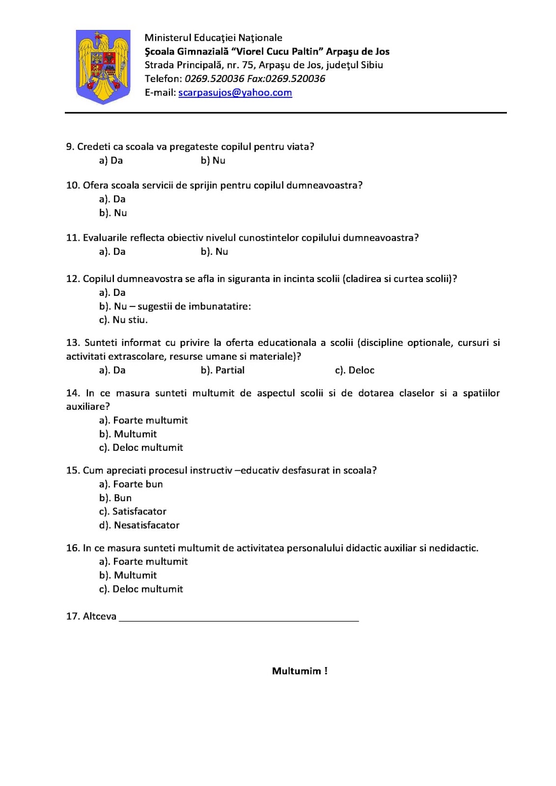 Şcoala_Arpaşu_de_Jos: Chestionar pentru parinti