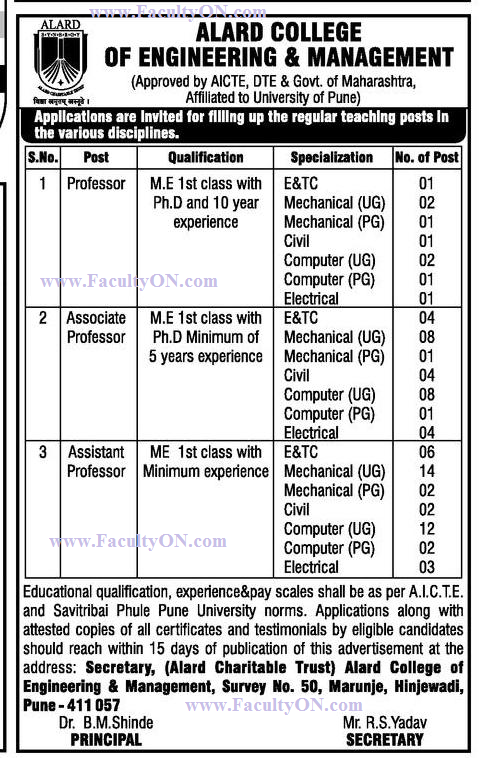 Alard College of Engineering and Management, Pune, Wanted Teaching ...