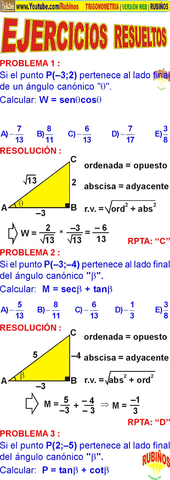 RAZONES TRIGONOMETRICAS DE ANGULOS DE CUALQUIER MAGNITUD PROBLEMAS ...