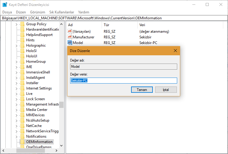 Windows 10'da OEM Destek Bilgilerini Ekleyin veya Değiştirin