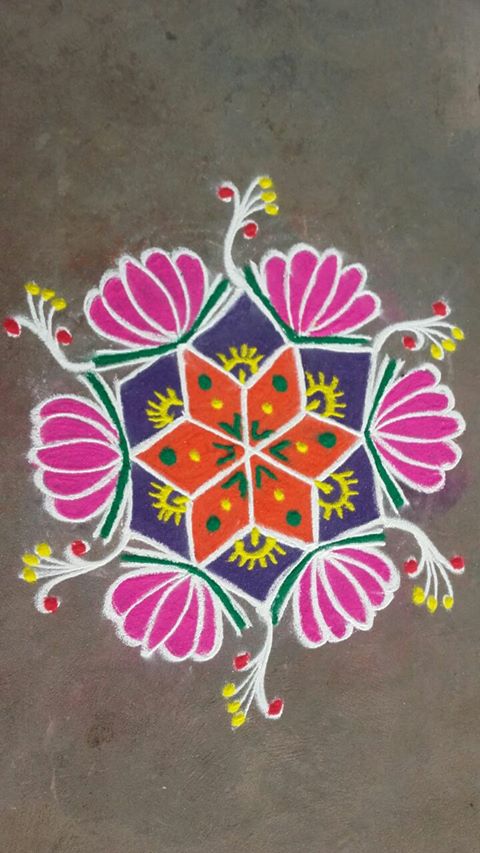 CHODAVARAMNET: SIX LOTUS FLOWERS AND A SPARKLING DIAMOND STAR RANGOLI ART