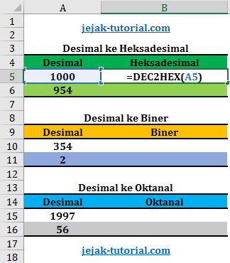 Belajar Excel : Belajar Fungsi DEC2BIN, DEC2HEX, dan DEC2OCT - Jejak Tutorial