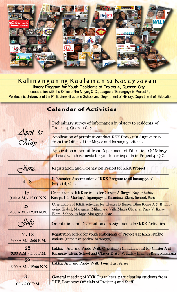 Kalinangan ng Kaalaman sa Kasaysayan: KKK Schedule of Activities