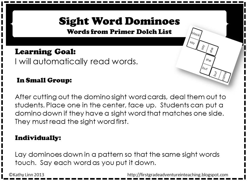 Kathy's First Grade Adventure: Sight Word Dominoes (Primer Dolch Words)