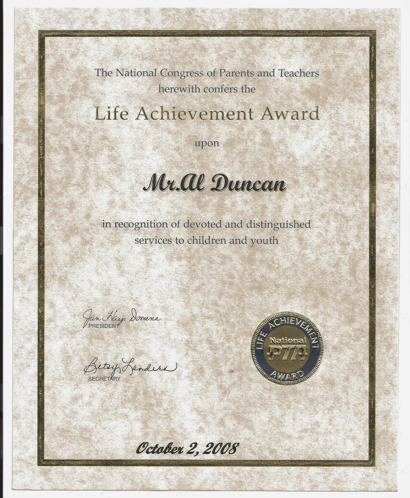 Al Duncan Receives The National PTA's Highest Honor—Life Achievement Award