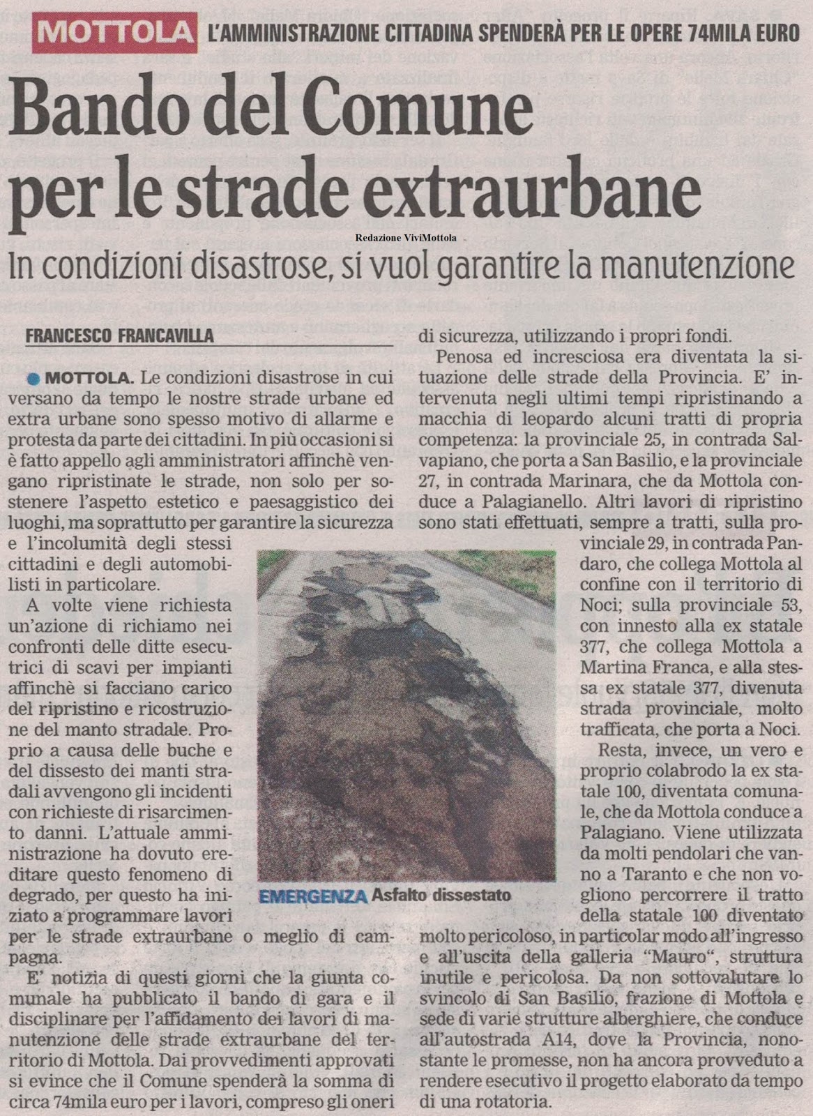 ViviMottola: BANDO DEL COMUNE PER LE STRADE EXTRAURBANE.