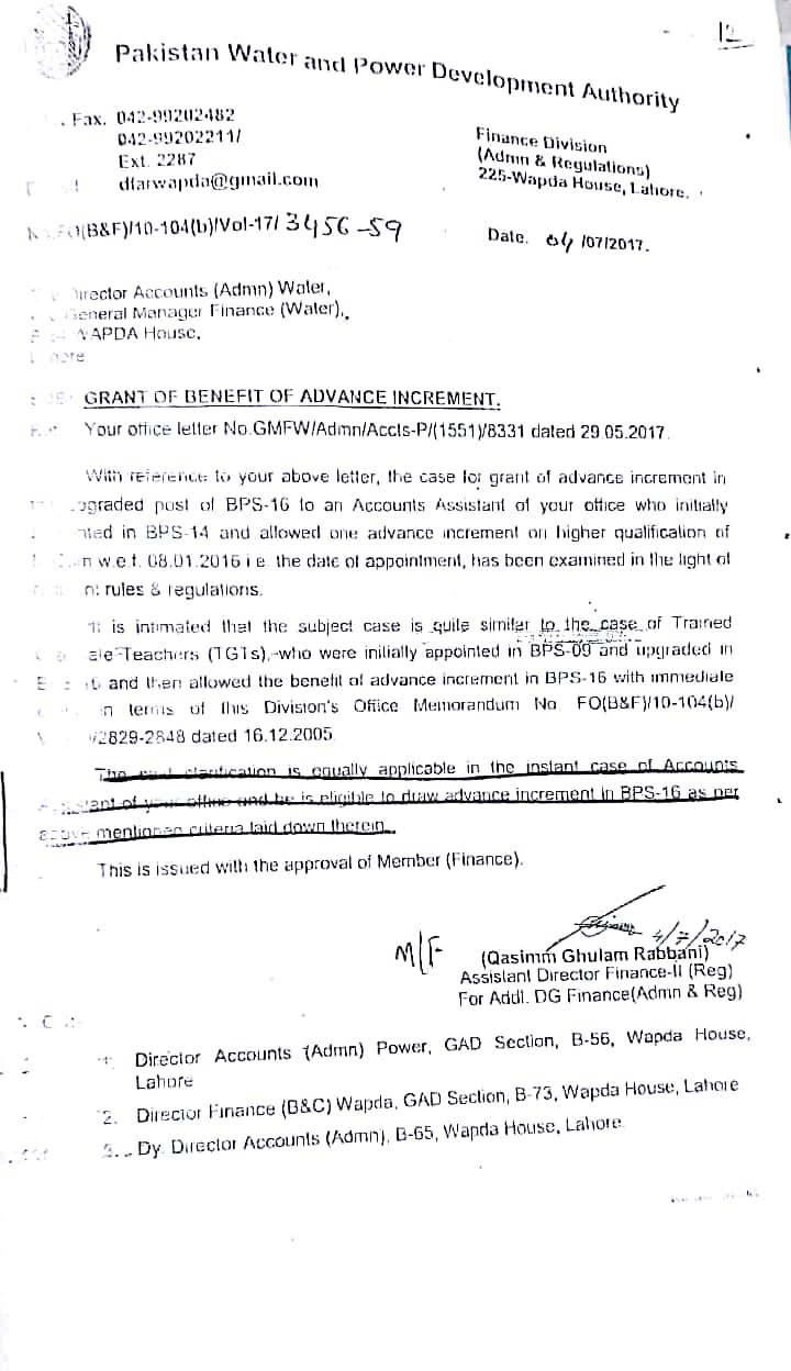 Grant of one advance increment to account assistant of water wing (Wapda)