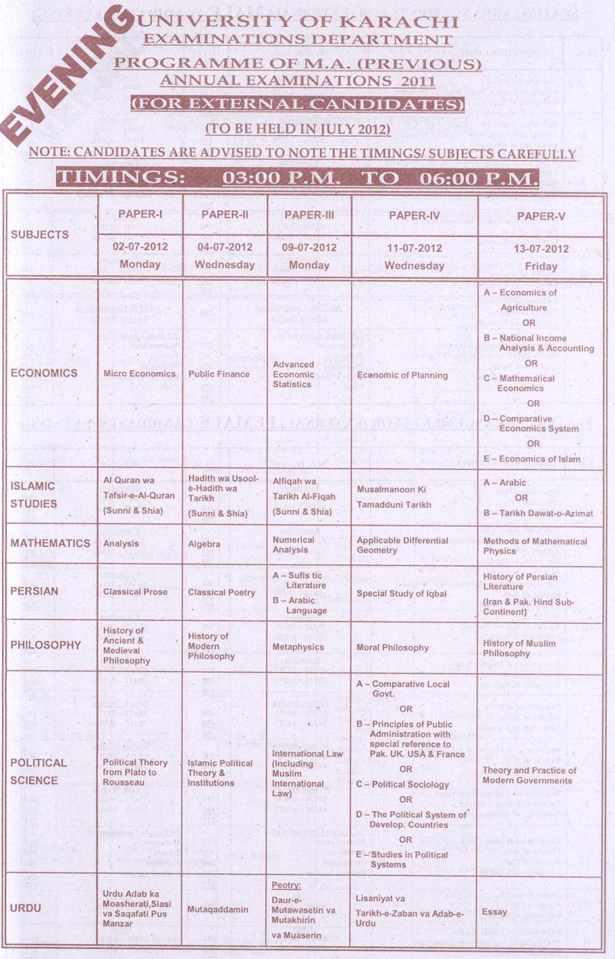 MA ECONOMICS: DATE SHEET MA-ECONOMICS EXTERNAL 2011 EXAMINATION