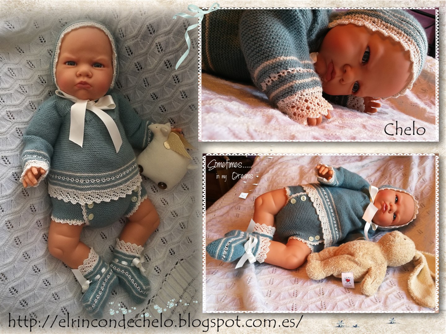 El rincón de Chelo: Conjunto para bebé en color verde y crudo