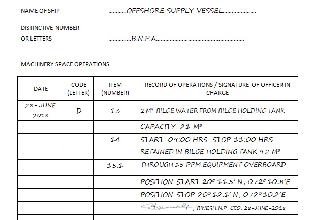 MARINE ENGINEERING: OIL RECORD BOOK ENTRIES ON OFFSHORE VESSELS