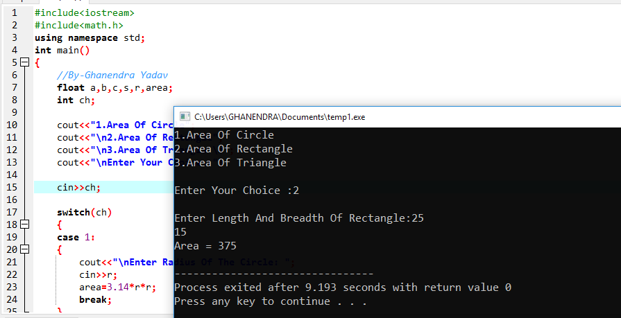 C Program To Calculate Area Of Circle Rectangle And Triangle Using Switch Statement